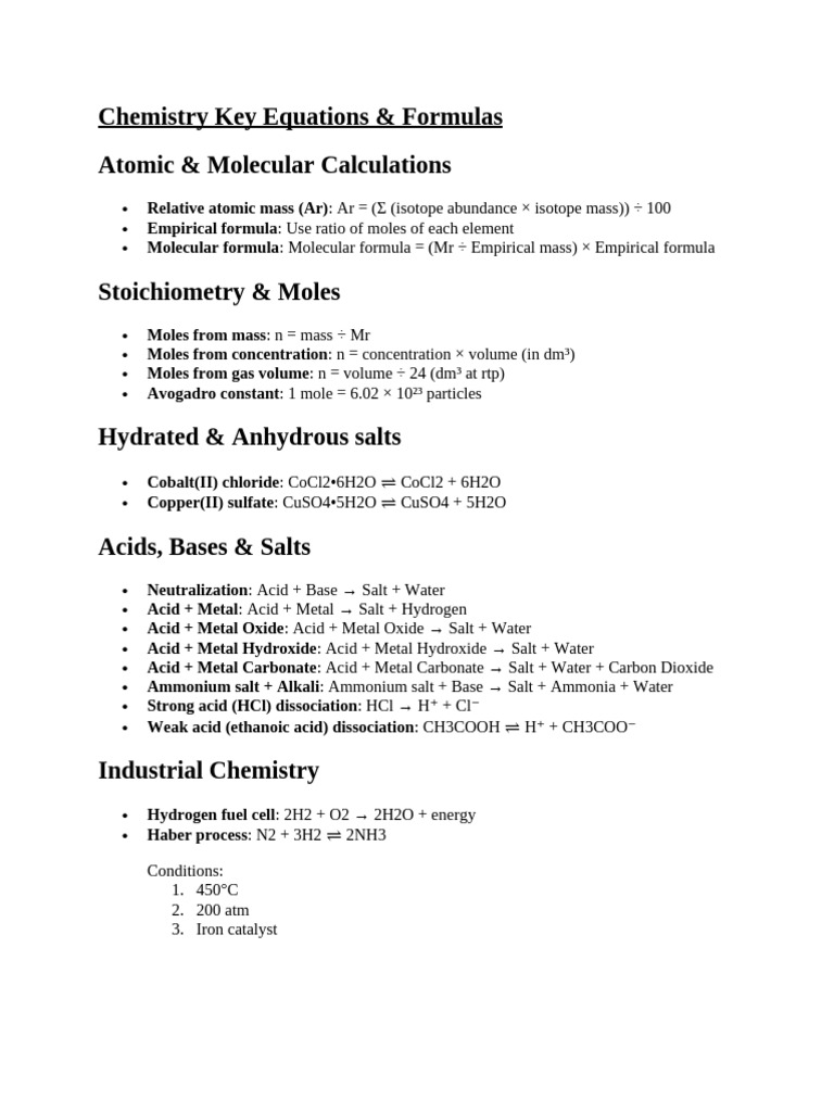 Chemistry Equations & Formulas | PDF