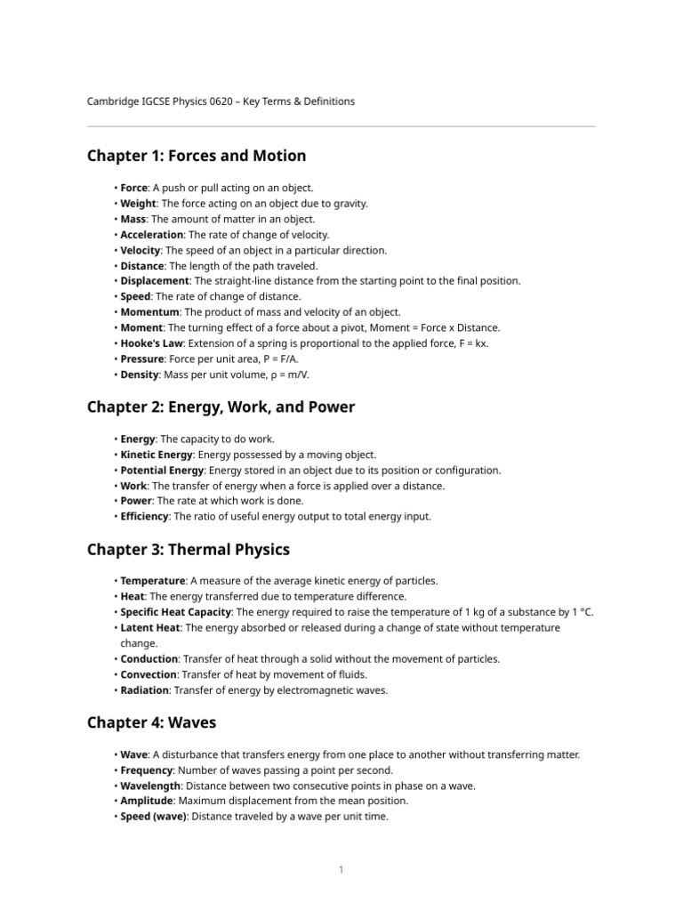 Physics 0620 Key Terms | PDF | Waves | Atoms
