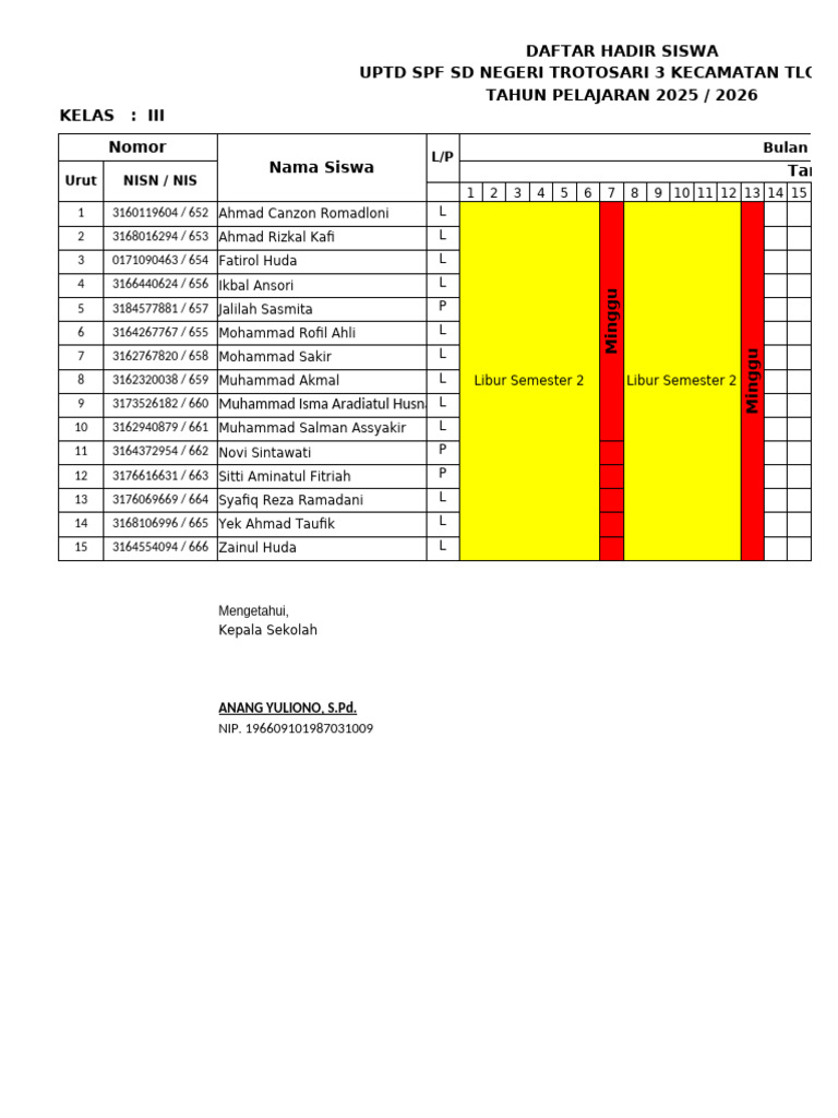 Absen Siswa Kelas 3 - 2025-2026 | PDF