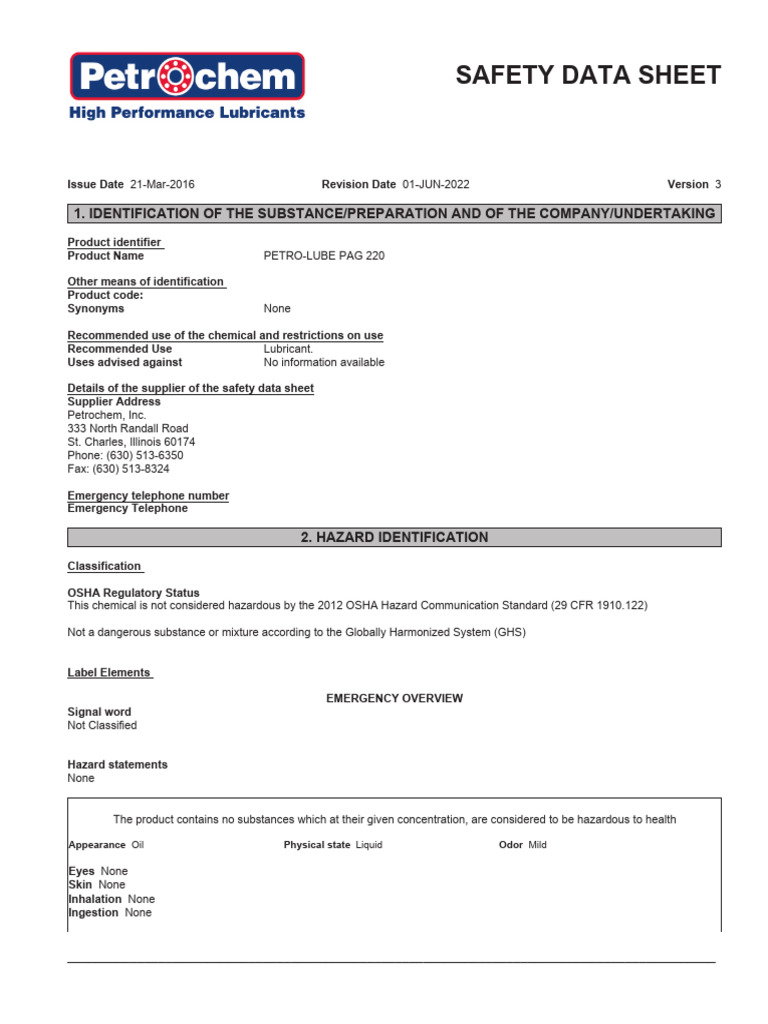 Petro-Lube PAG 220 Safety Data Sheet | PDF | Safety | Occupational ...