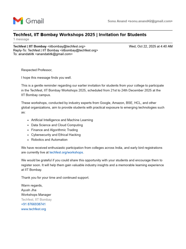 Reminder Techfest, IIT Bombay Workshops 2025 Invitation For Students | PDF