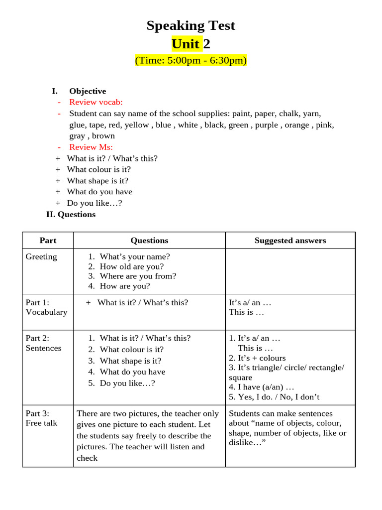 Unit 2. Content of Speaking Test | PDF