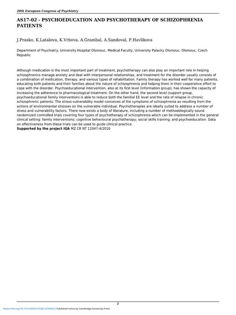 As17 02 Psychoeducation and Psychotherapy of Schizophrenia Patients | PDF