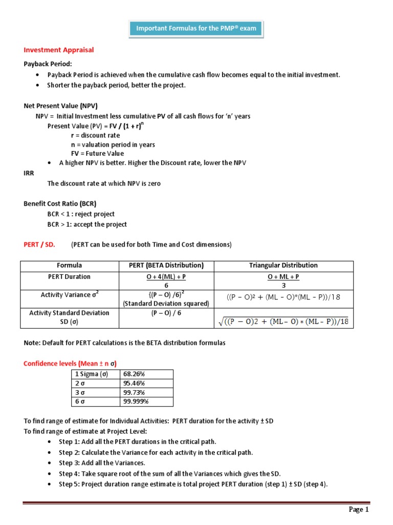 Investment Appraisal: Important Formulas For The PMP® Exam | PDF ...
