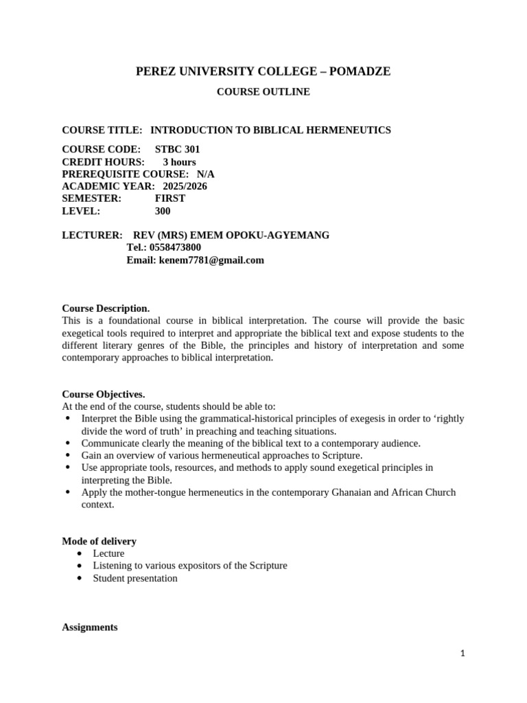 Intro to Biblical Hermeneutics Course Outline | PDF | Biblical ...