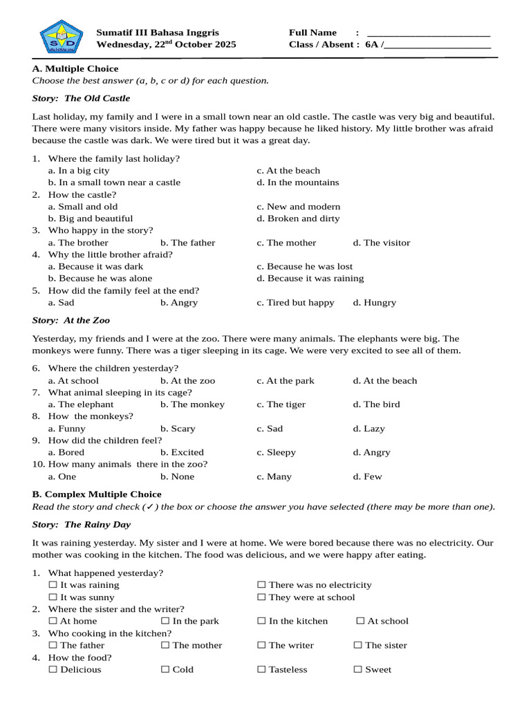 English Exam: Stories and Questions | PDF