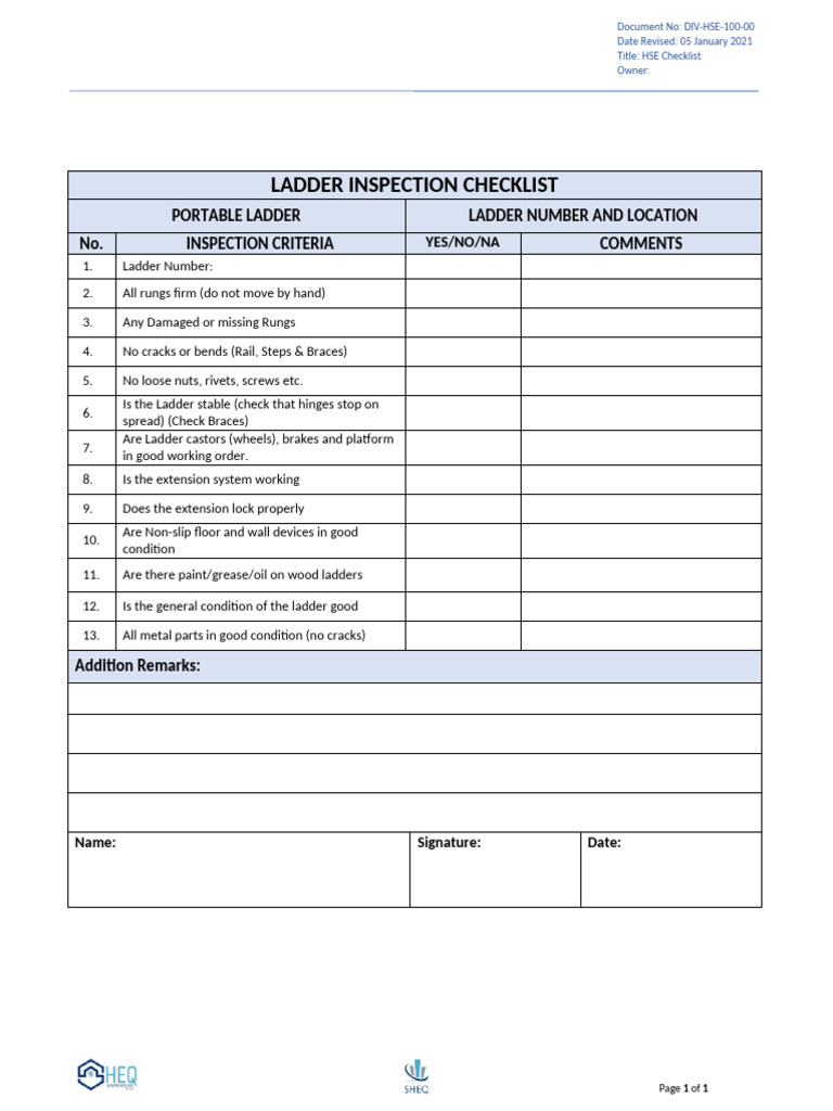 Checklist - Ladder Inspection - 2021 | PDF