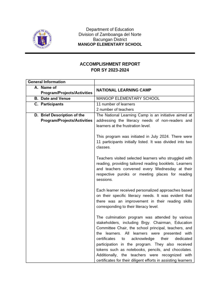 Remedial Reading Accomplishment Report Sample | PDF | Literacy | Pedagogy