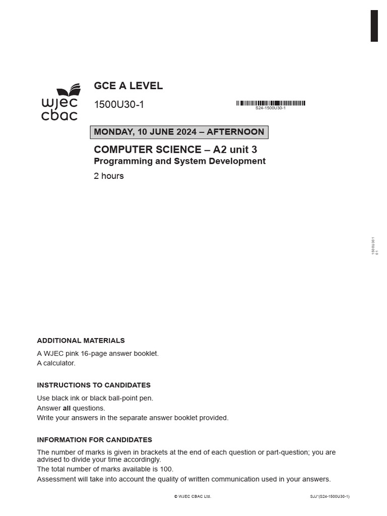 June 2024 QP - Unit 3 WJEC Computer Science A-Level | PDF | Boolean ...