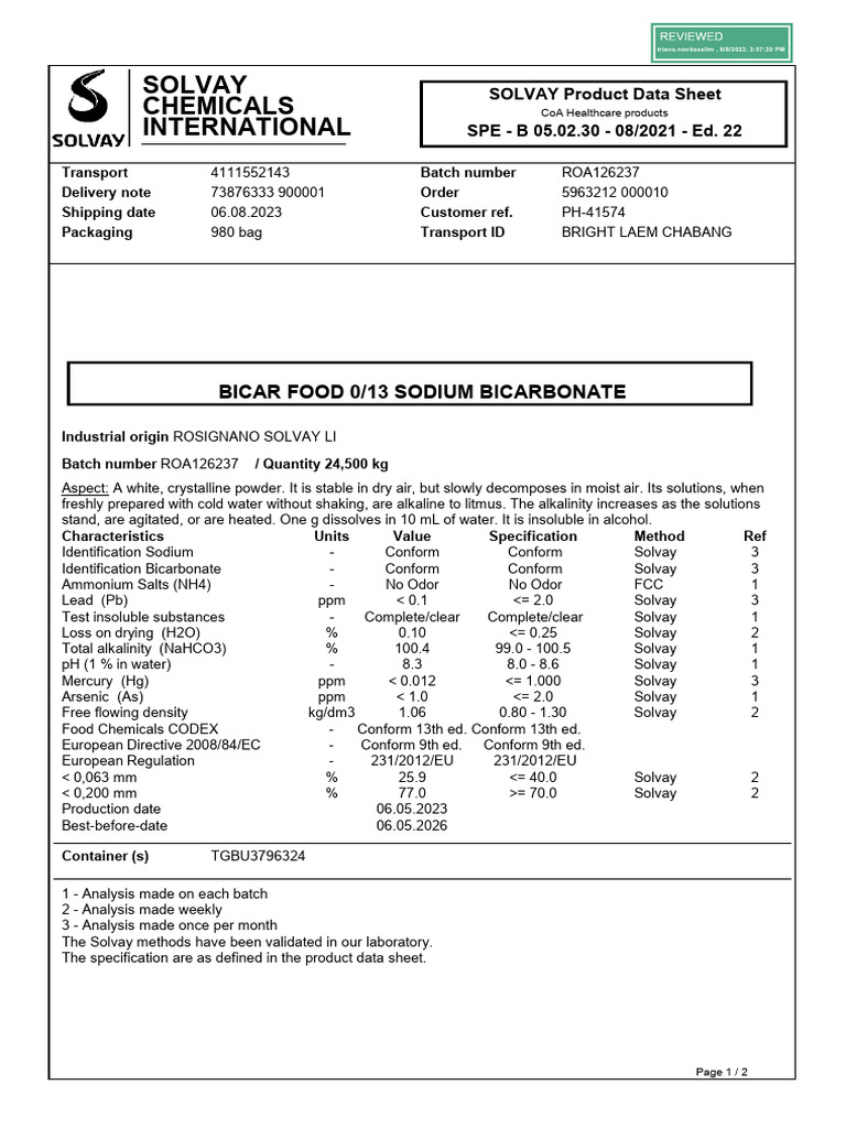 Bicar Food Sodium Bicarbonate Data Sheet | PDF | Sodium Bicarbonate ...