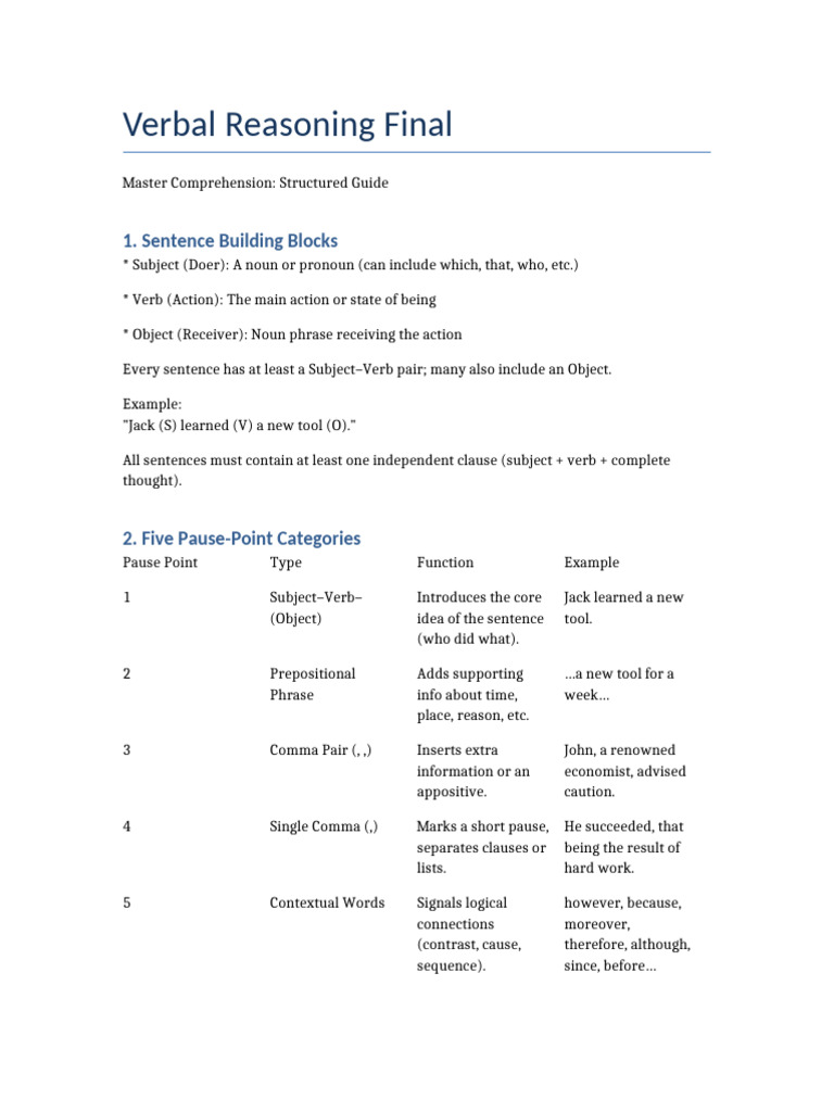 Master Verbal Reasoning Skills Guide | PDF | Subject (Grammar) | Verb