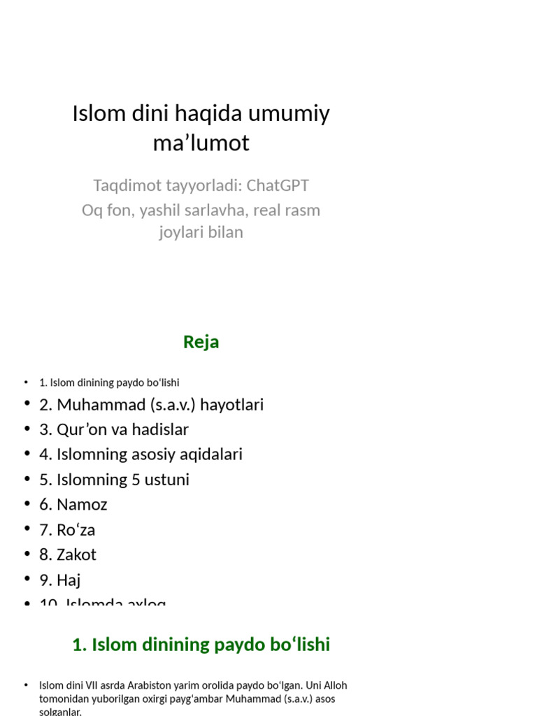 Islom Dini Haqida Umumiy Malumot Taqdimot | PDF