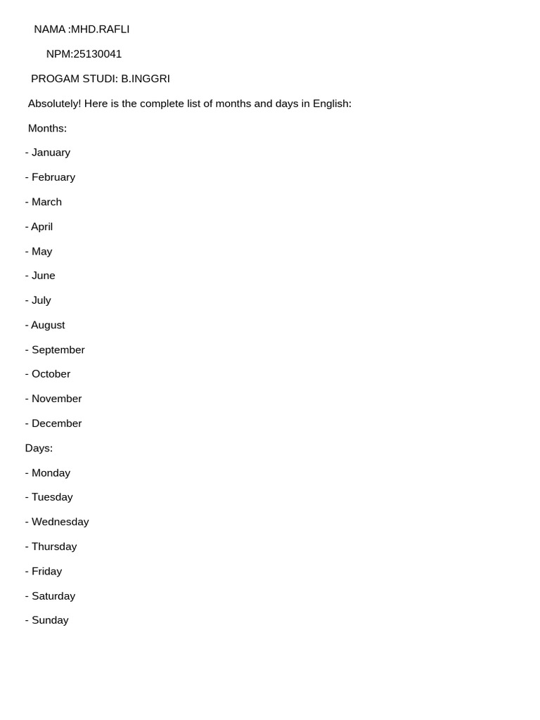 English Months and Days List | PDF