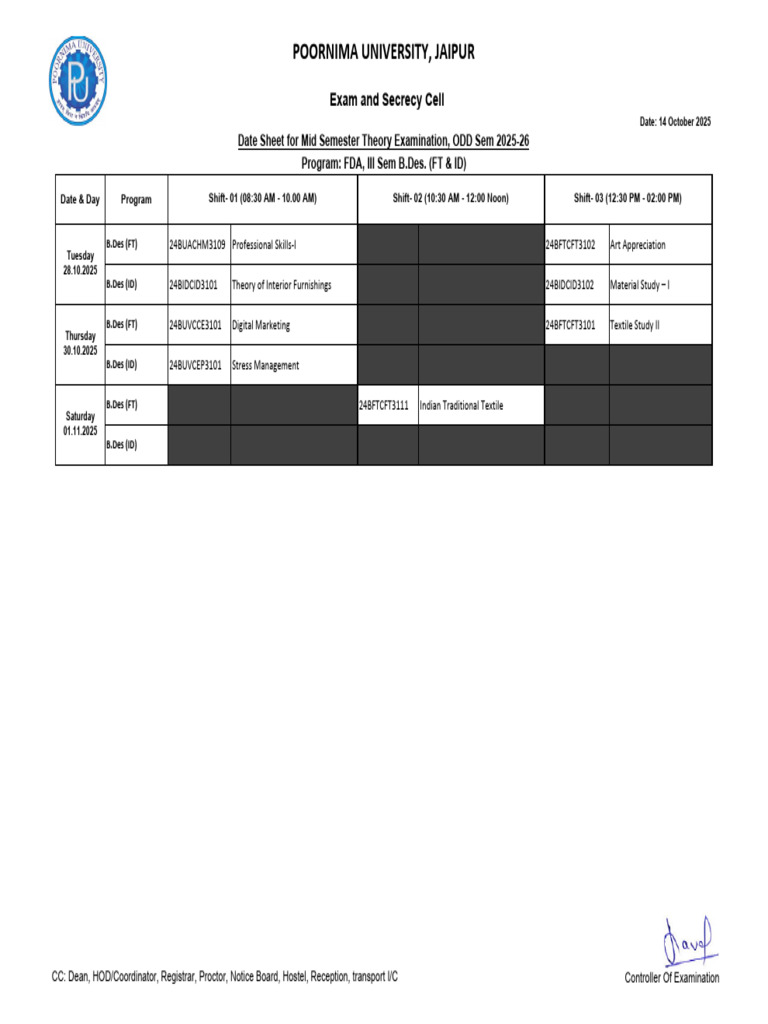 FDA Higher Sem MSE Time Table 2025-26 Odd Sem | PDF | The Arts ...