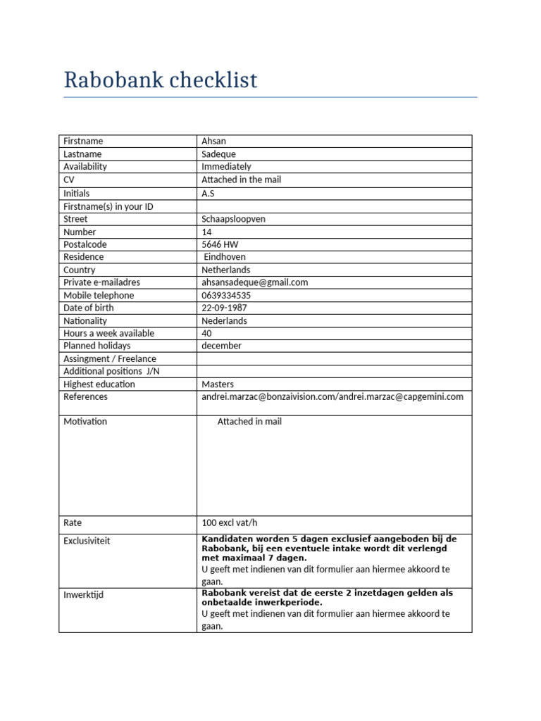 Checklist Rabobank English | PDF