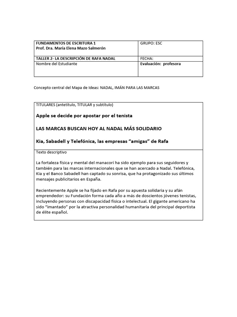 Ejemplo DESCRIPCIÓN Taller 2 - La Descripción de Rafa Nadal | PDF