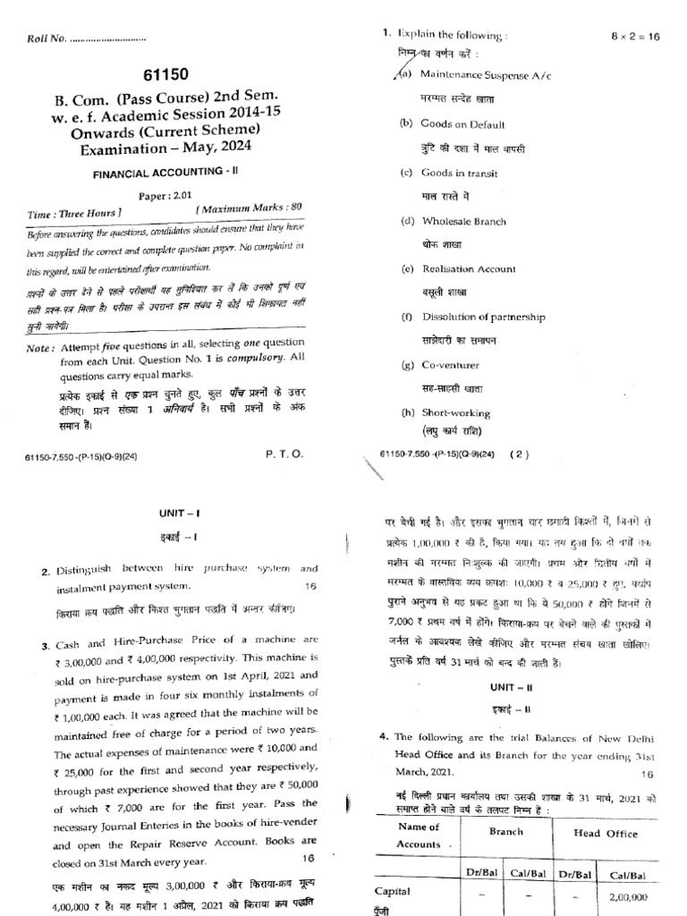 Bcom 2 Sem Financial Accounting 2 61150 May 2024 | PDF
