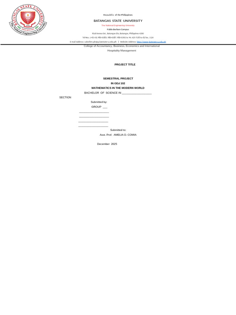 PROJECT PROPOSAL FORMAT IN GEd 102 MATHEMATICS IN THE MODERN WORLD | PDF