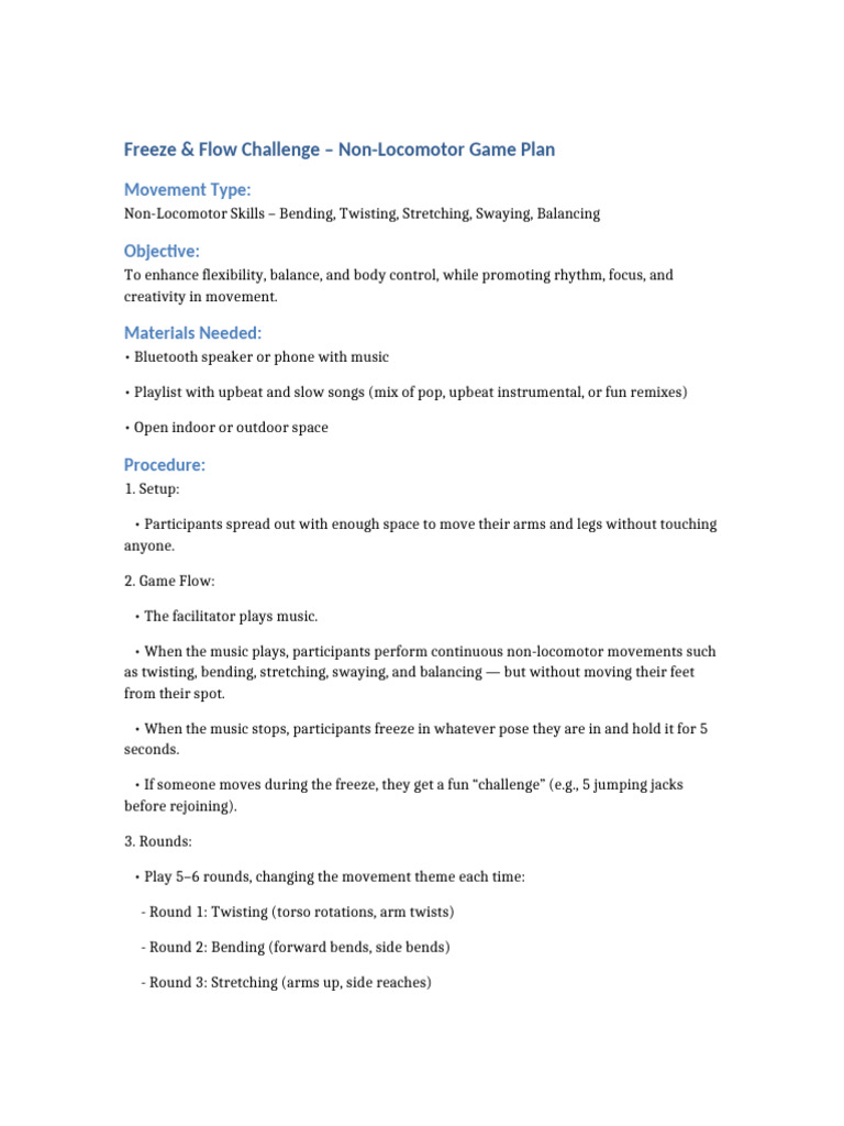 Non-Locomotor Freeze & Flow Game Guide | PDF