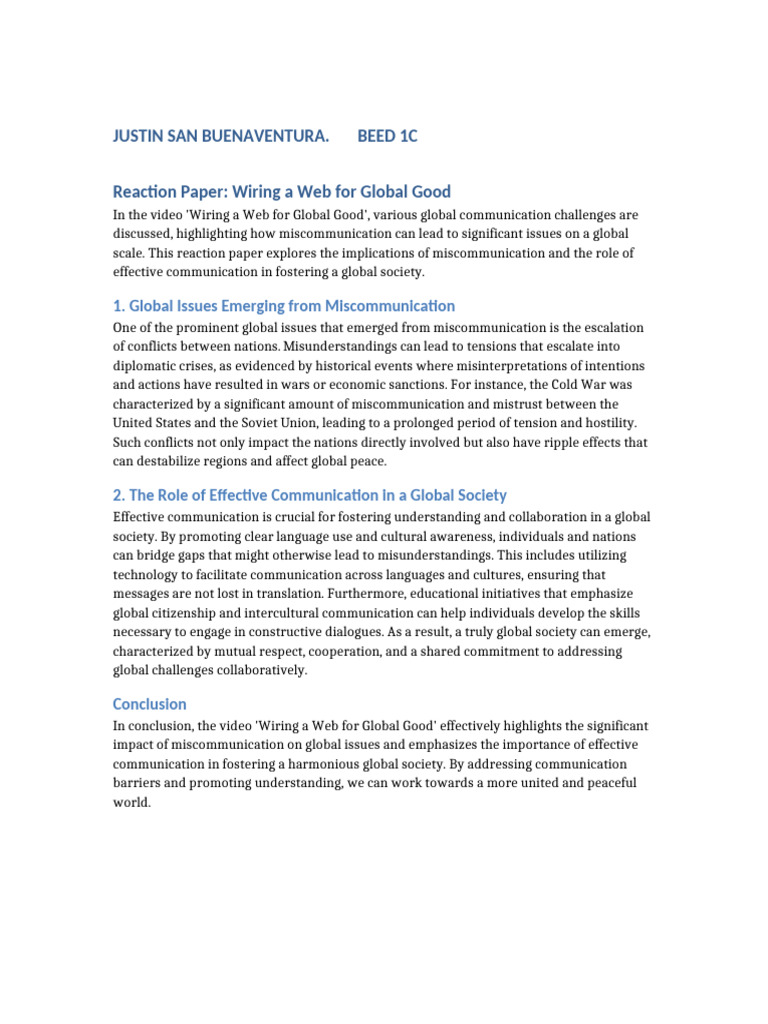 Reaction Paper Wiring A Web For Global Good | PDF