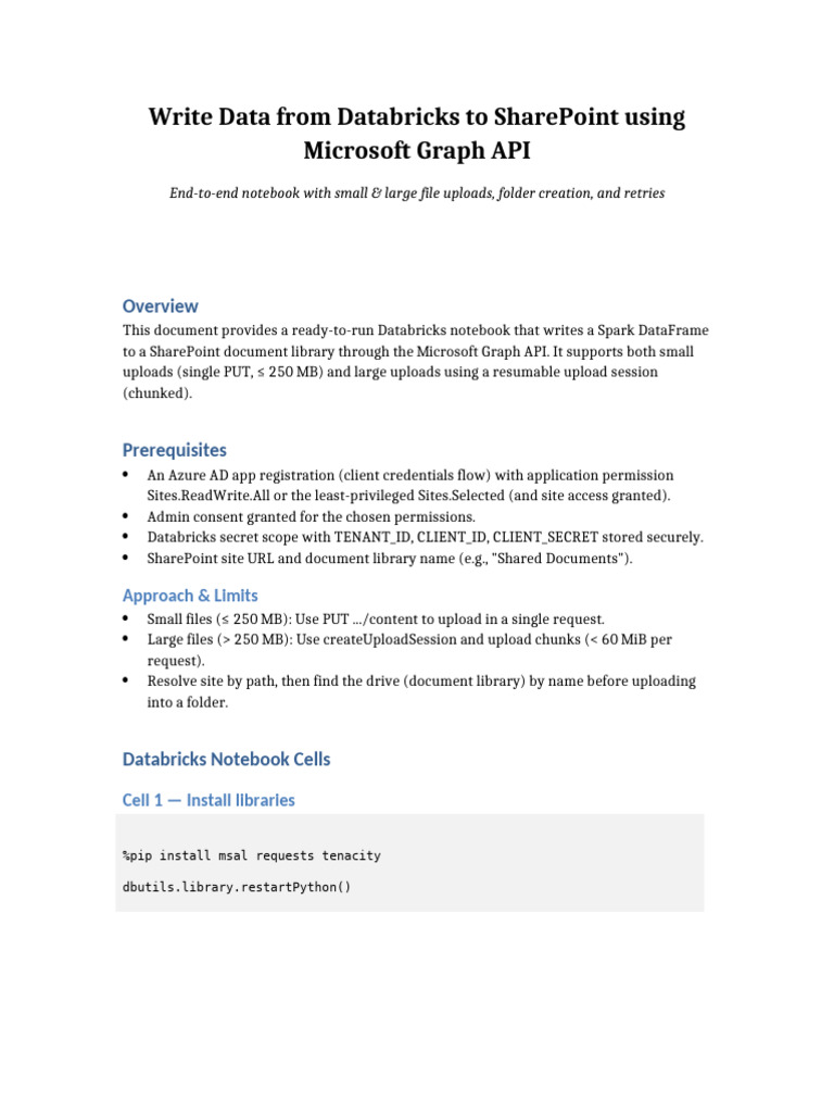 Databricks to SharePoint Upload Guide | PDF | Share Point | Computer File