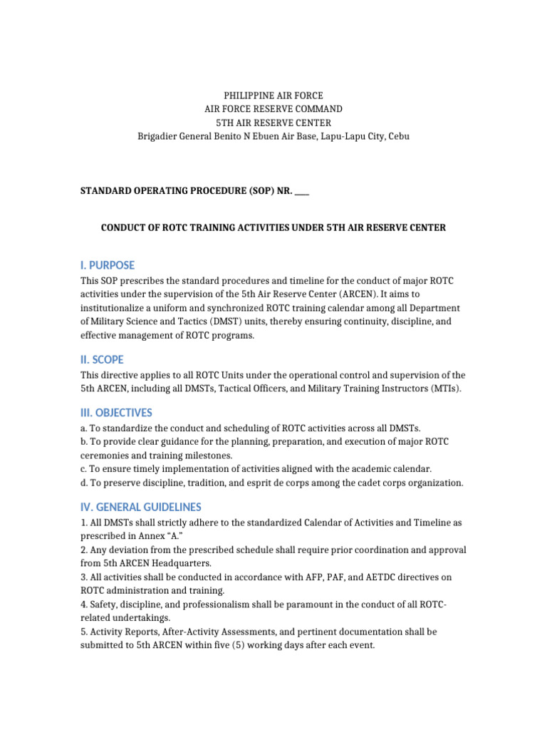 ROTC Training SOP for 5th ARCEN | PDF | Reserve Officers' Training Corps
