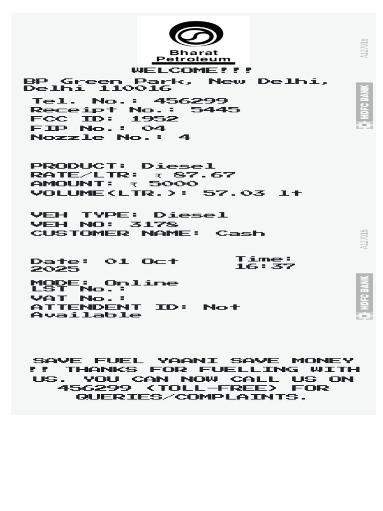 Diesel Fuel Receipt - BP Green Park | PDF