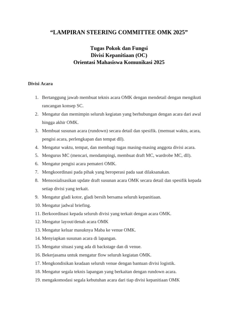 Tugas dan Fungsi Divisi OMK 2025 | PDF