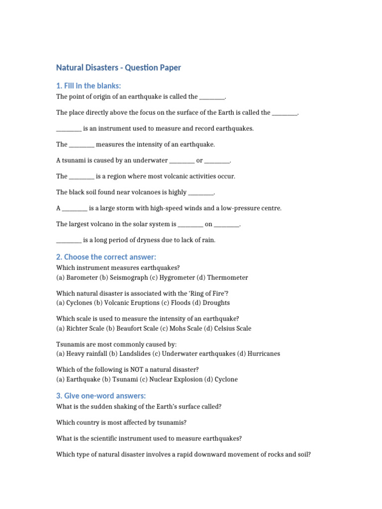 Natural Disasters Question Paper Guide | PDF | Earthquakes | Natural ...