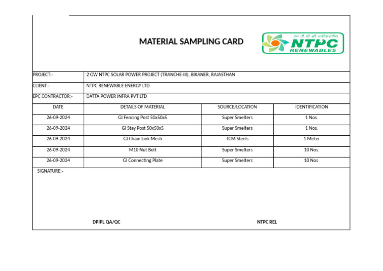 Material Sampling Card for NTPC Solar Project | PDF