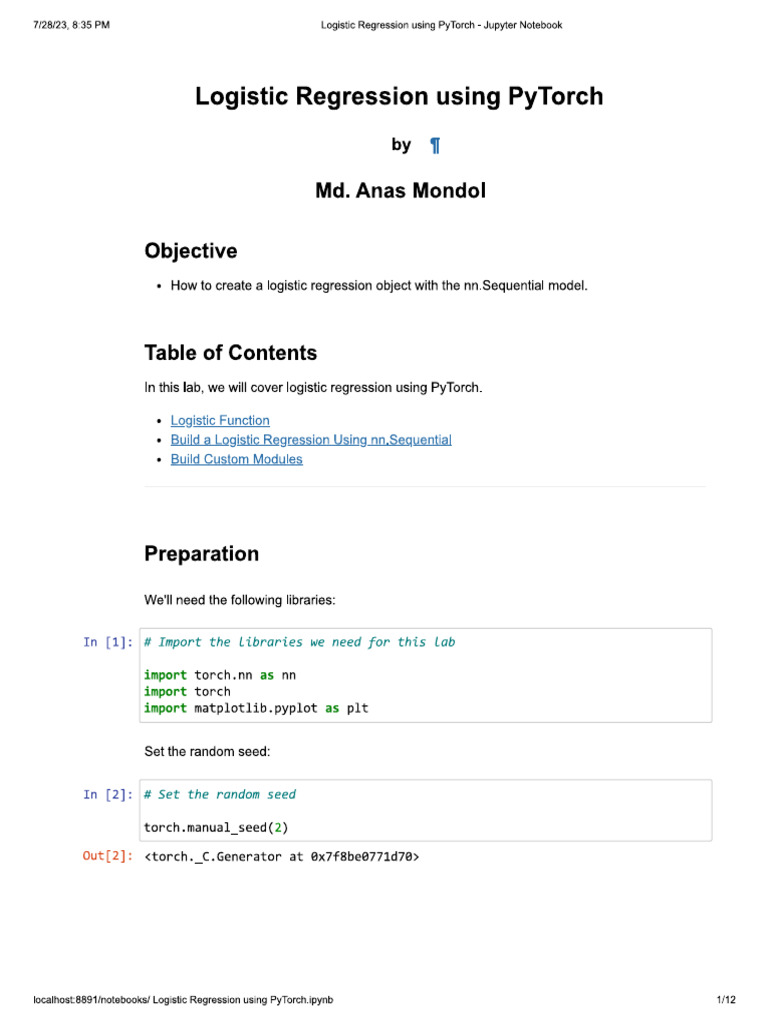 Logistic Regression Using Putorch | PDF