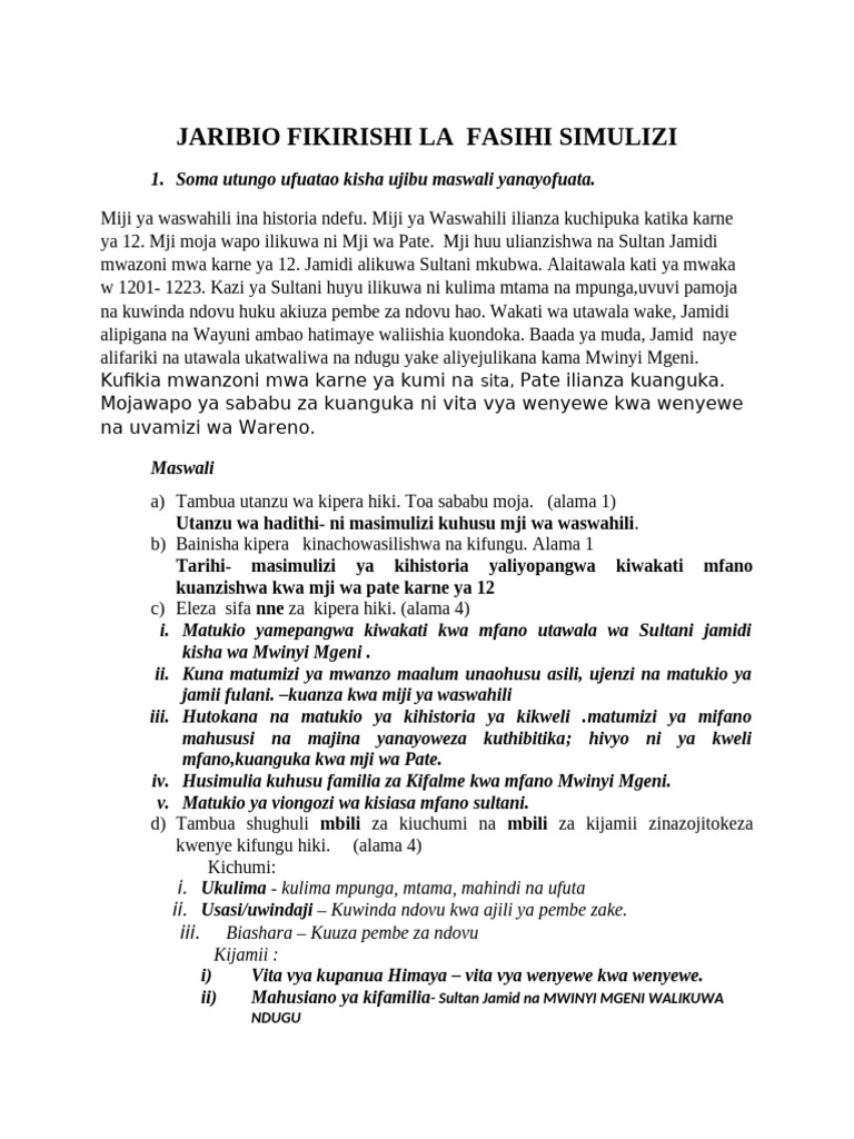 Jaribio Fikirishi La Fasihi Simulizi. Majibu | PDF