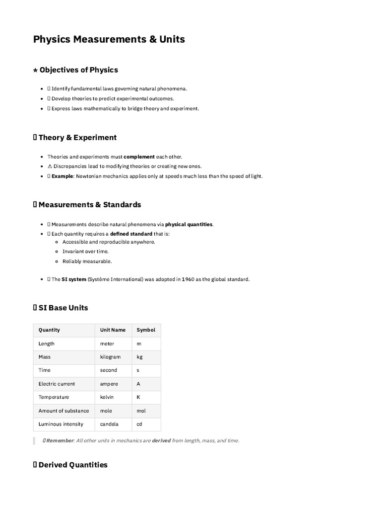 Physics Measurements and SI Units Guide | PDF | International System Of ...