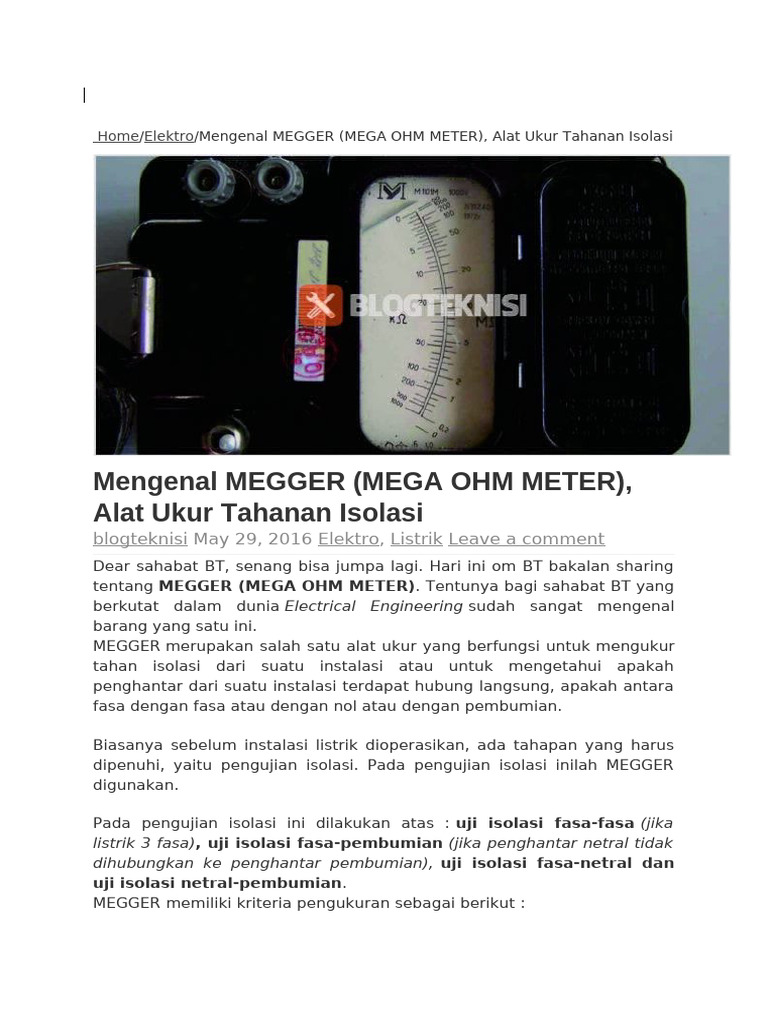 Mengenal Alat Ukur Megger Isolasi | PDF