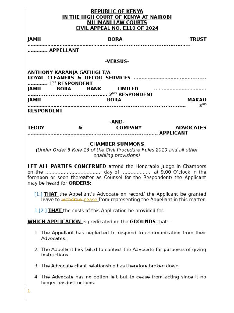 App To Cease Acting - Jamii Bora | PDF | Affidavit | Practice Of Law