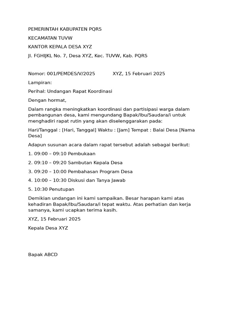 Undangan Rapat Koordinasi Desa XYZ | PDF
