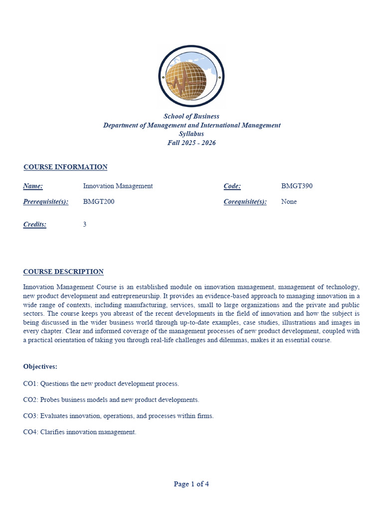 Innovation Management Course Syllabus | PDF | Innovation | Business
