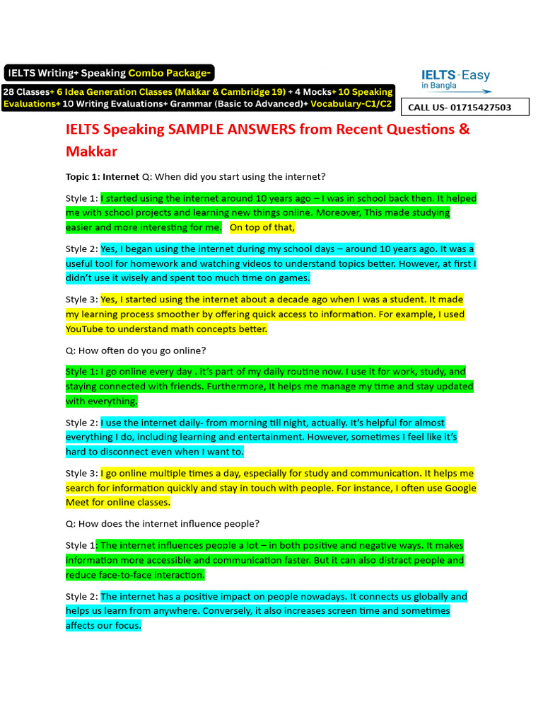 Speaking Part-1 17 Topic Answer (3 Style) Update Oct | PDF | Puzzles ...