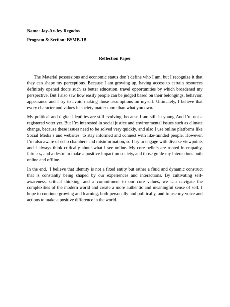 Personal Reflection on Identity and Values | PDF