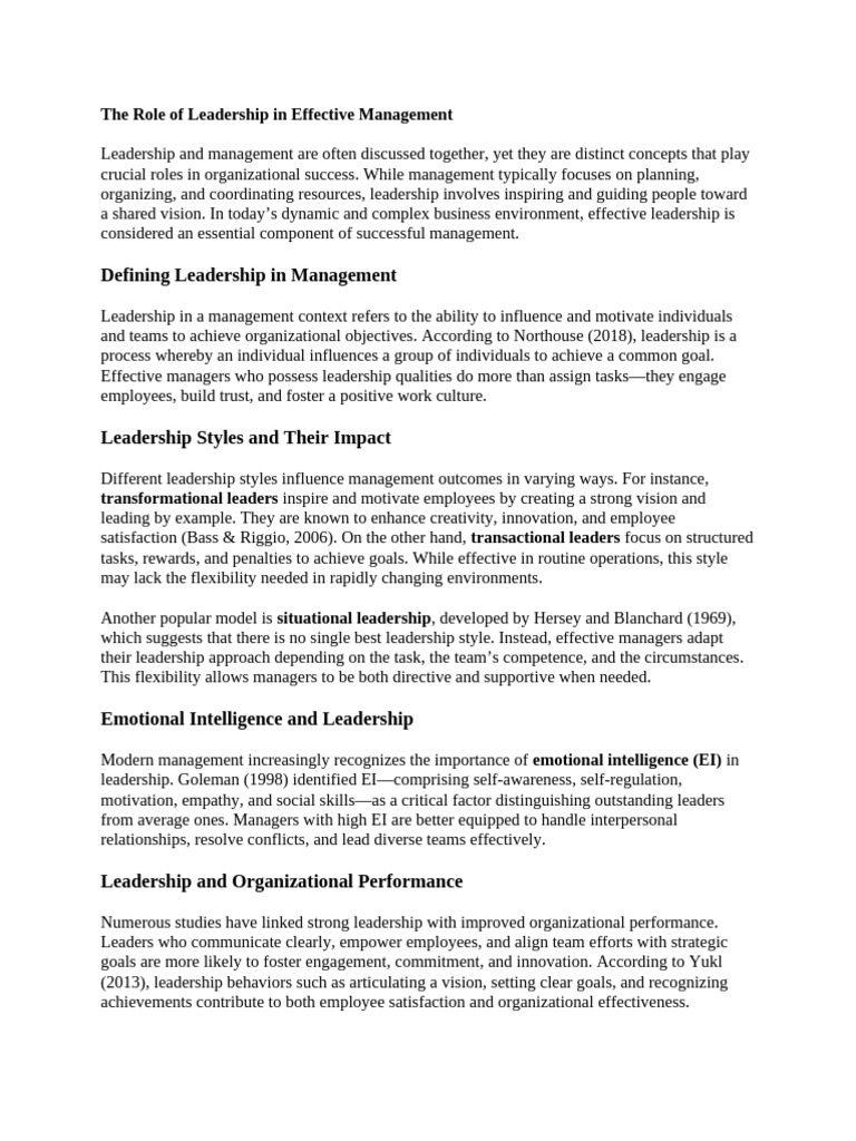 The Role of Leadership in Effective Management | PDF | Leadership | Applied Psychology