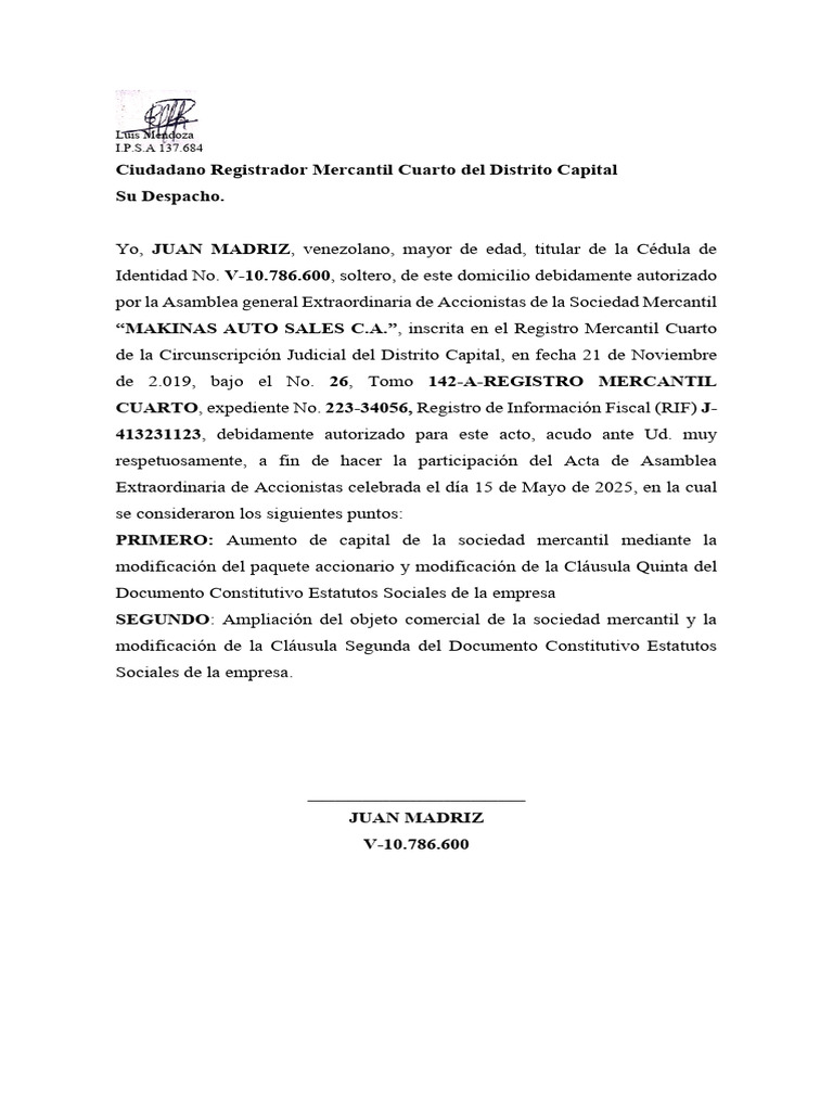 Acta de Asamblea de Makinás Auto Sales C.A. | PDF | Sociedad de ...