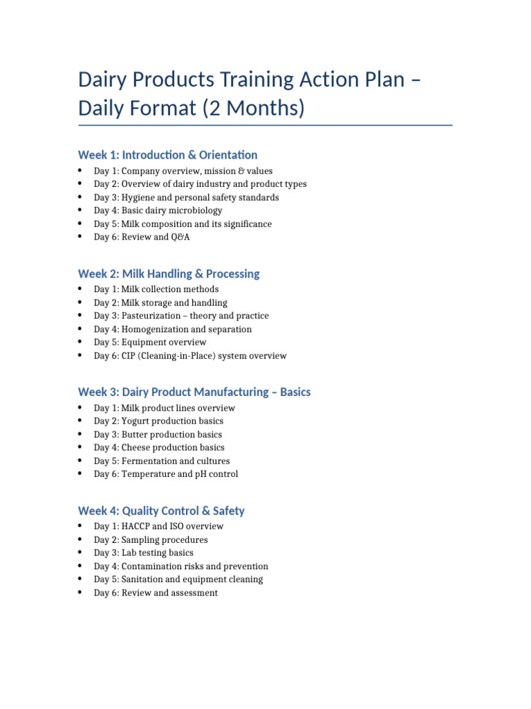 Dairy Products Daily Training Action Plan | PDF