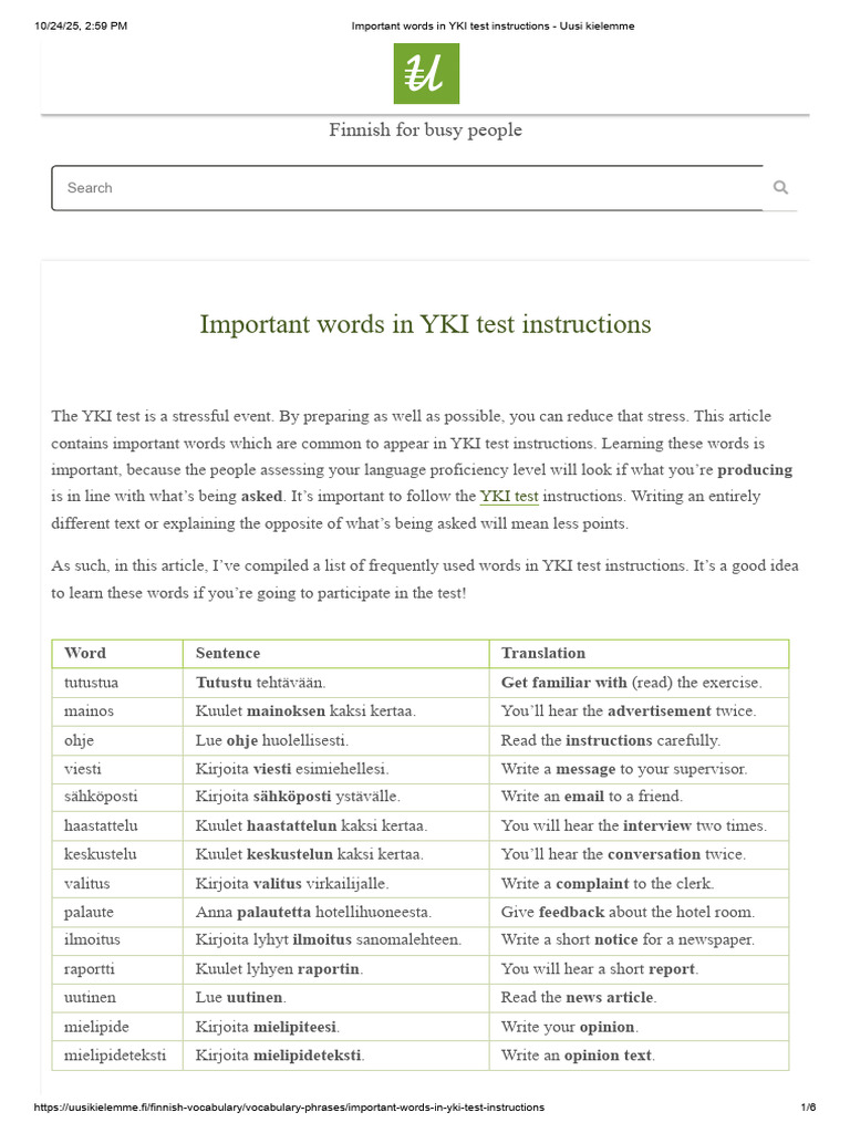 Important Words in YKI Test Instructions - Uusi Kielemme | PDF