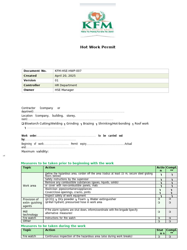 Final Hot Work Permit KFM | PDF | Mechanical Engineering | Safety