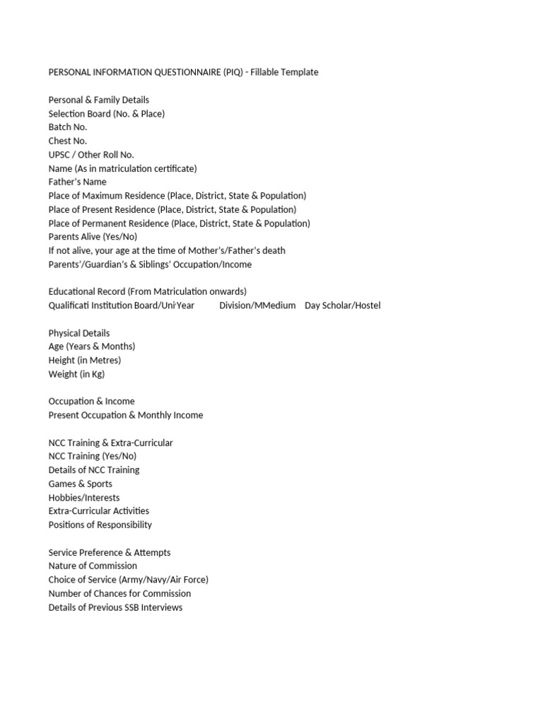 Personal Information Questionnaire Template | PDF