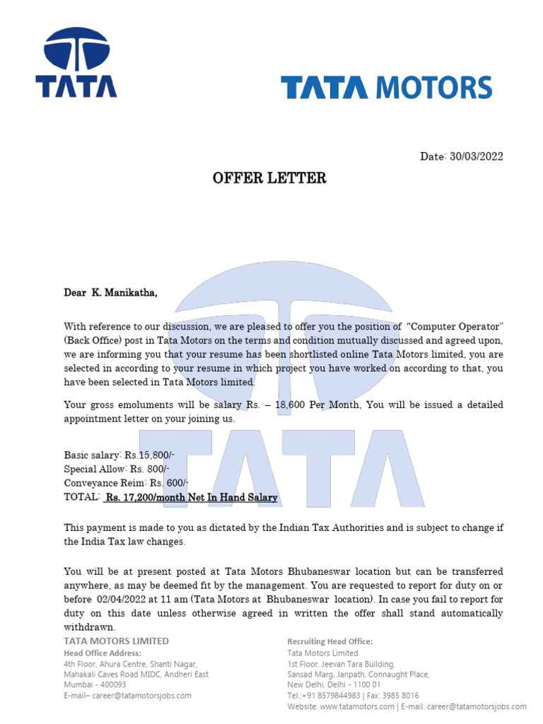 Tata Motors Offer Letter | PDF