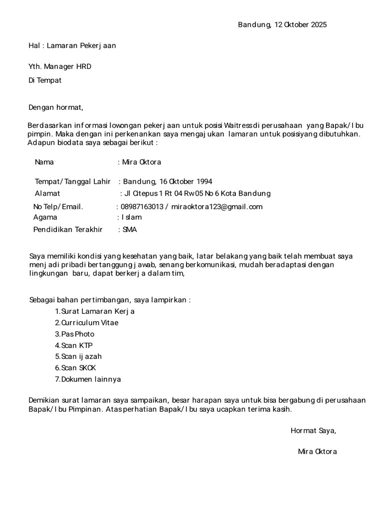Lamaran Pekerjaan Waitress oleh Mira Oktora | PDF