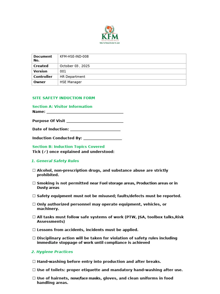 Site Safety Induction Form Template | PDF | Personal Protective ...