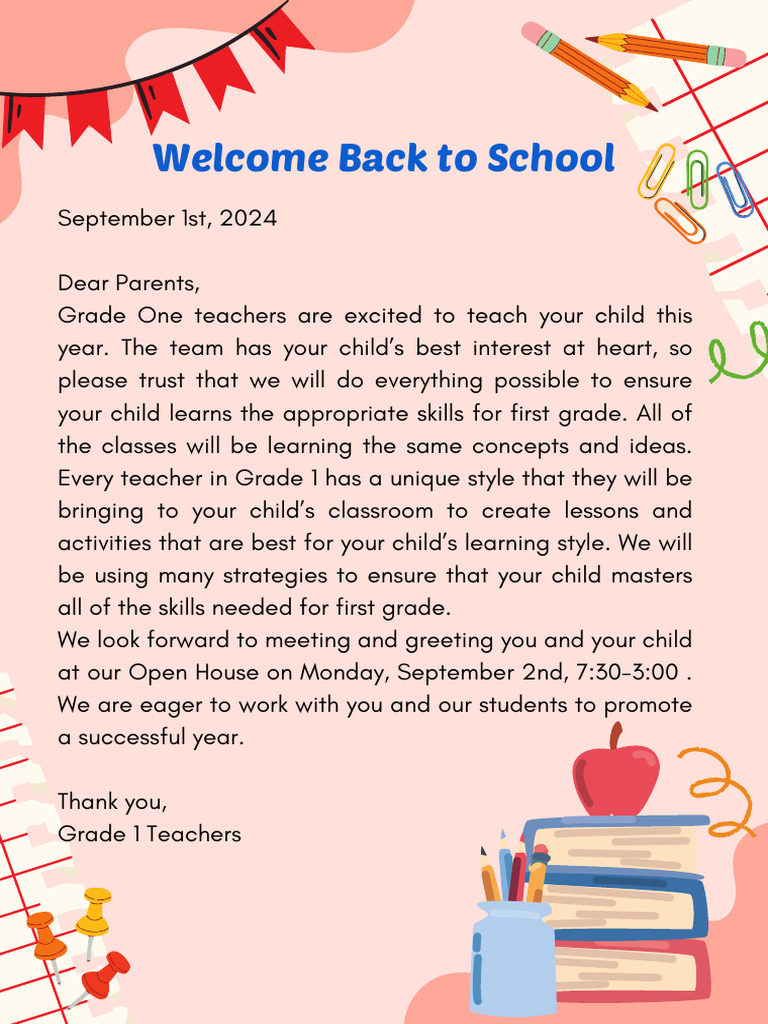 Grade 1 - 2024-25 Welcome Letter | PDF