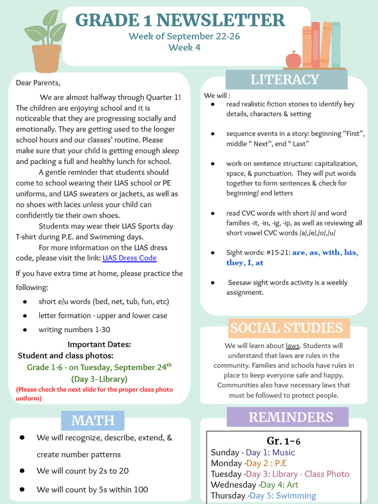 Grade 1 Weekly Newsletter: Sept 22-26 | PDF